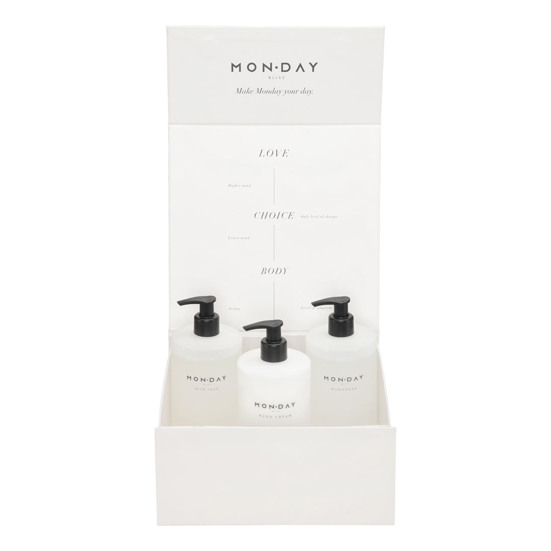 Håndsæbe, creme og opvaskesæbe + gaveæske – MonDay Bliss